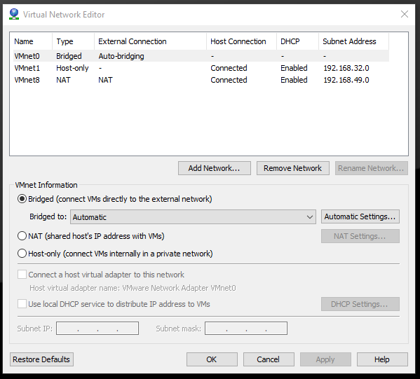 No Bridged Adapters in VMware Workstation – vswitchzero